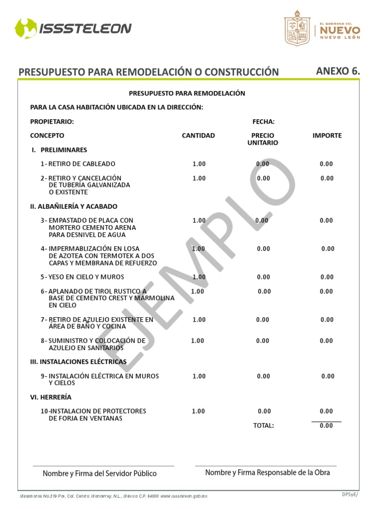 Anexo 6. Ejemplo de Presupuesto Remodelacion - Construccion | PDF