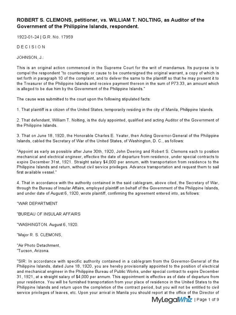 Robert S Clemons Vs William T Nolting 42 Phil 702 | PDF | United States ...