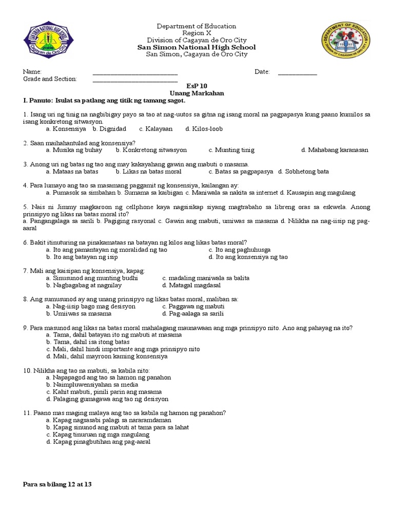 EsP 10 1st Quarter Exam | PDF