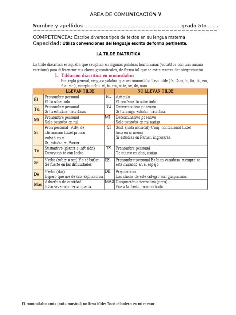 Ejercicios de La Tilde Diacritica 5to Sec | PDF | Pronombre ...