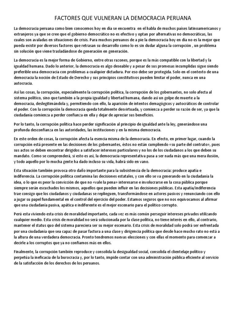 Factores Que Vulneran La Democracia Peruana | PDF | Democracia ...