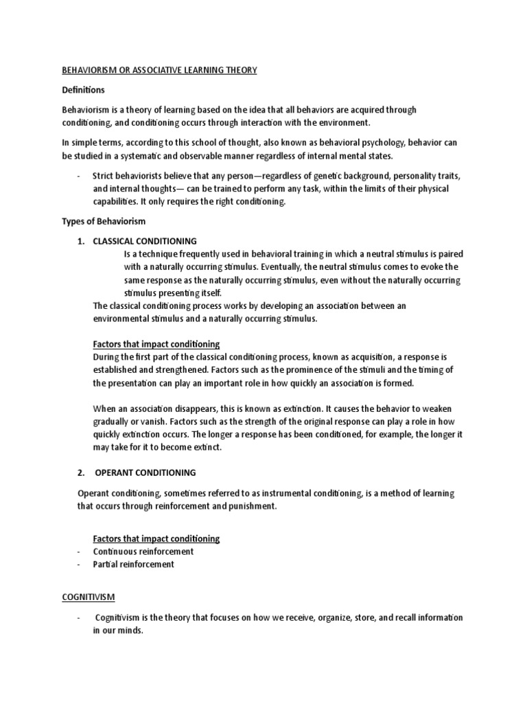 Behaviorism Cognitivism | PDF | Classical Conditioning | Behaviorism Behaviorism Cognitivism | PDF | Classical Conditioning | Behaviorism