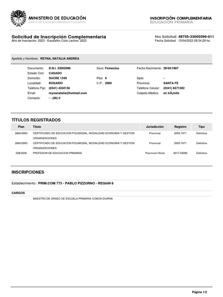 Solicitud de Inscripción Complementaria | PDF