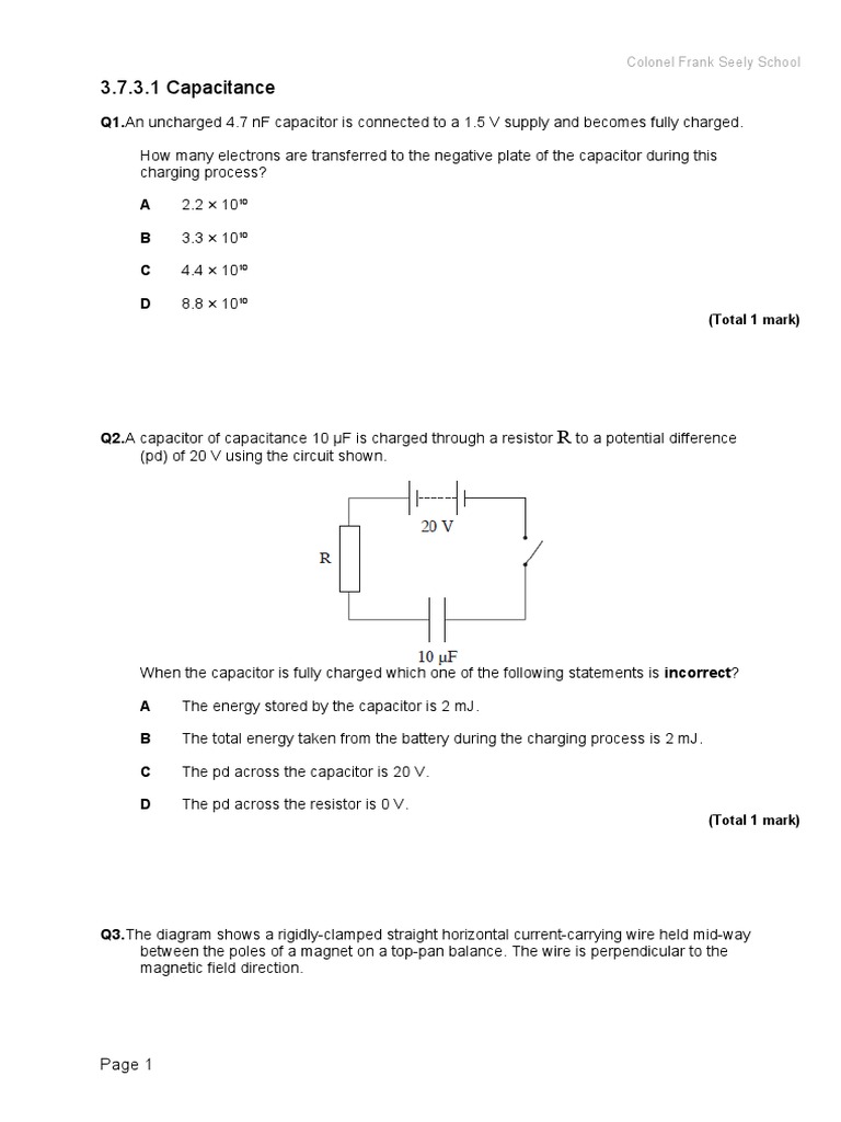 Colonel Frank Seely School Capacitance Questions | PDF | Capacitor | Capacitance