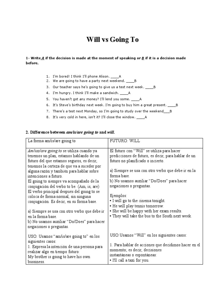 Will Vs Be Going To | PDF