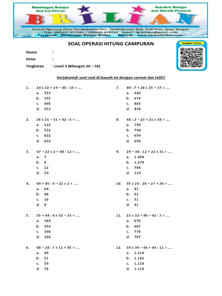 Soal Operasi Hitung Campuran Perkalian Pembagian Pengurangan Dan Penjumlahan Level 3 | PDF