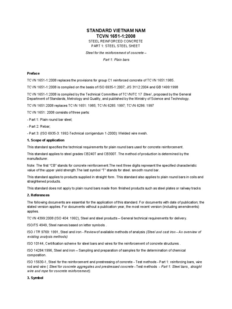 TCVN 1651.2008 Steel For The Reinforcement of Concrete - Part 1 | PDF ...