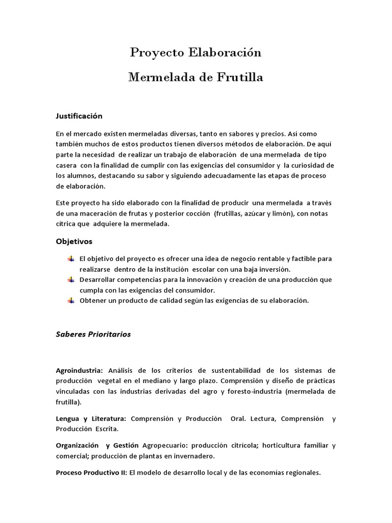 Proyecto Mermelada de Frutillas | PDF