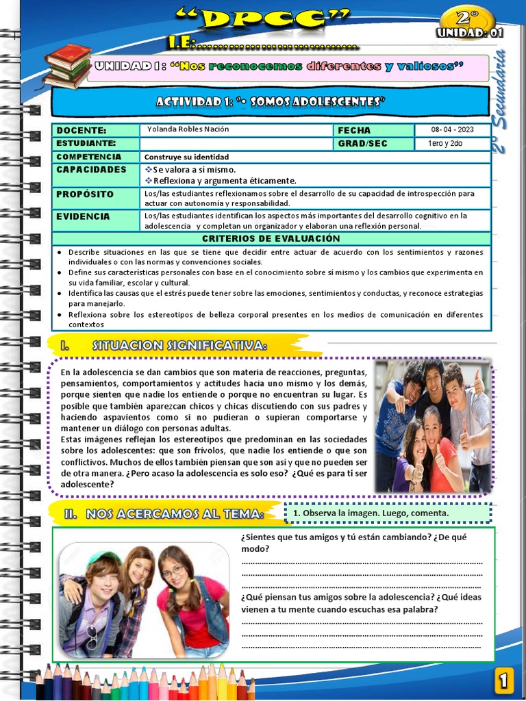 2° DPCC - Actv.01-Unid.1 2023 PDF | PDF | Pensamiento | Adolescencia