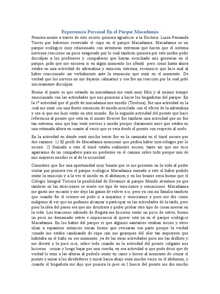 Experiencia Personal en El Parque Macadamia | PDF
