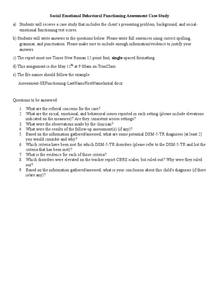 Social Emotional Behavioral Assessment Case Study Grading Rubric PDF ...