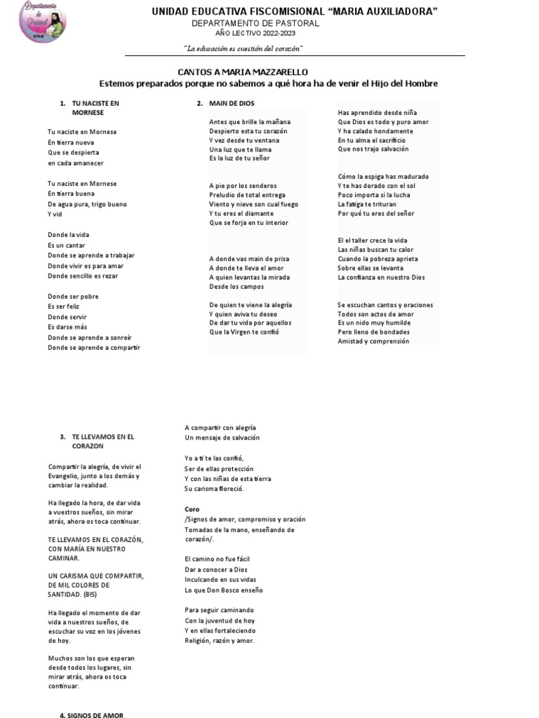 Cantos Maria Mazzarello | PDF | Amor | María, madre de Jesús