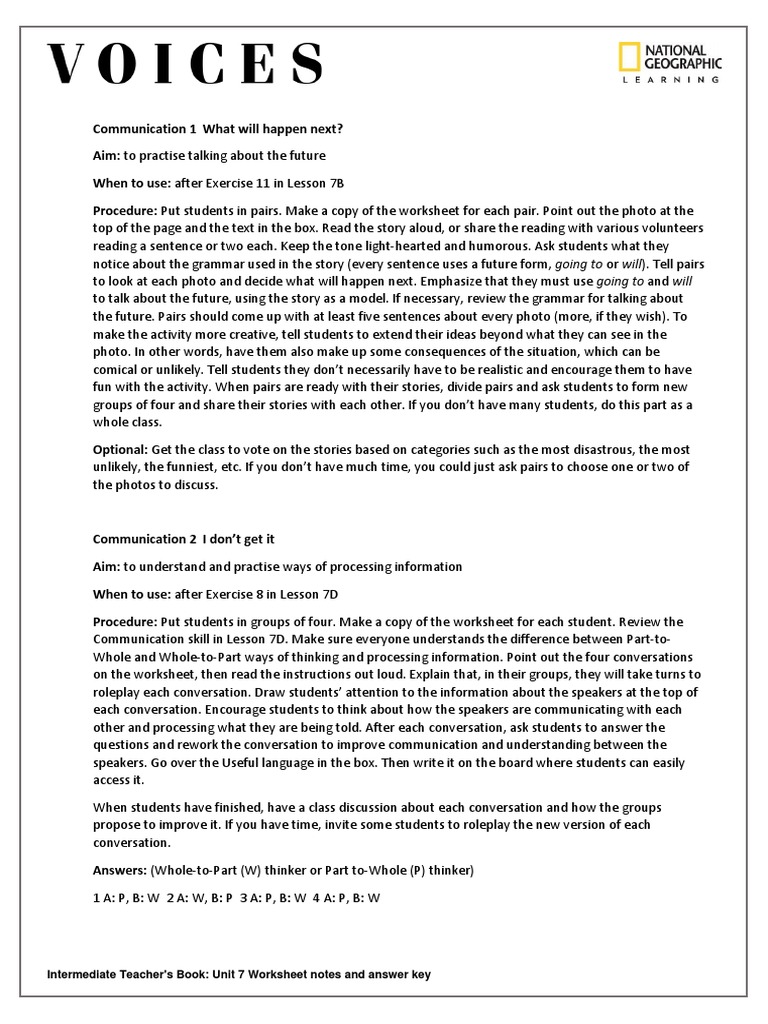 Voices Intermediate Unit 7 Worksheets Notes and Answer Key | PDF ...