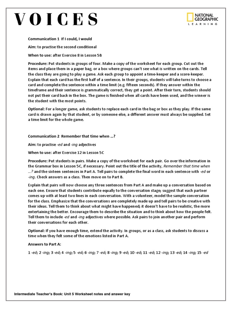 Voices Intermediate Unit 5 Worksheets Notes and Answer Key 0 PDF | PDF ...