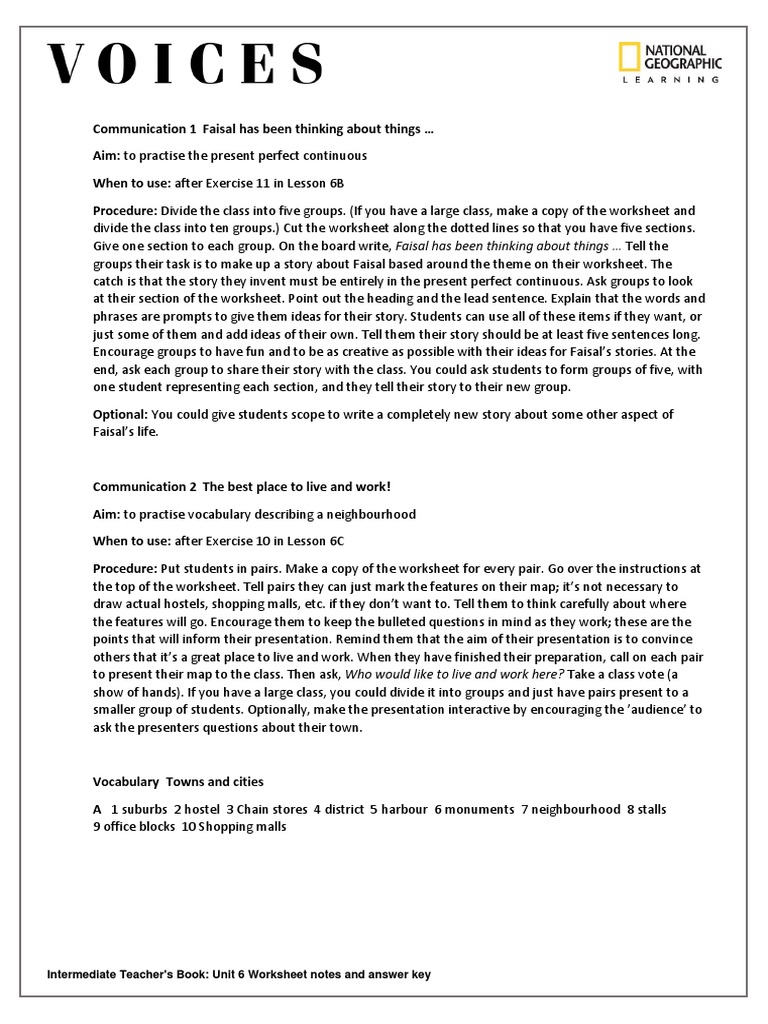 Voices Intermediate Unit 6 Worksheets Notes and Answer Key PDF | PDF ...