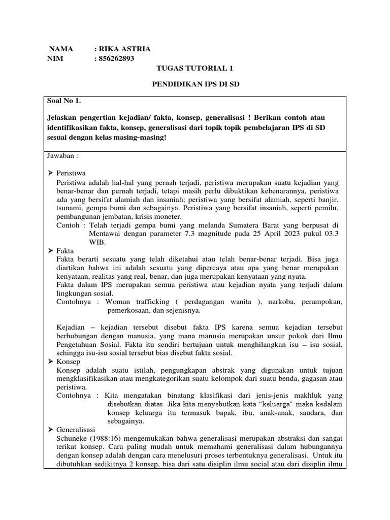 Tugas Tutorial 1 Pendidikan Ips Di SD Rika Astria (856262893) PDF | PDF