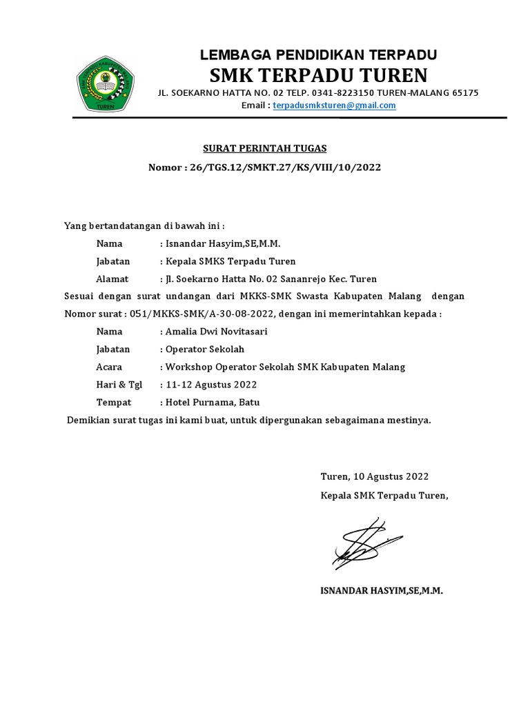 Surat Tugas Workshop Operator SMK Malang | PDF