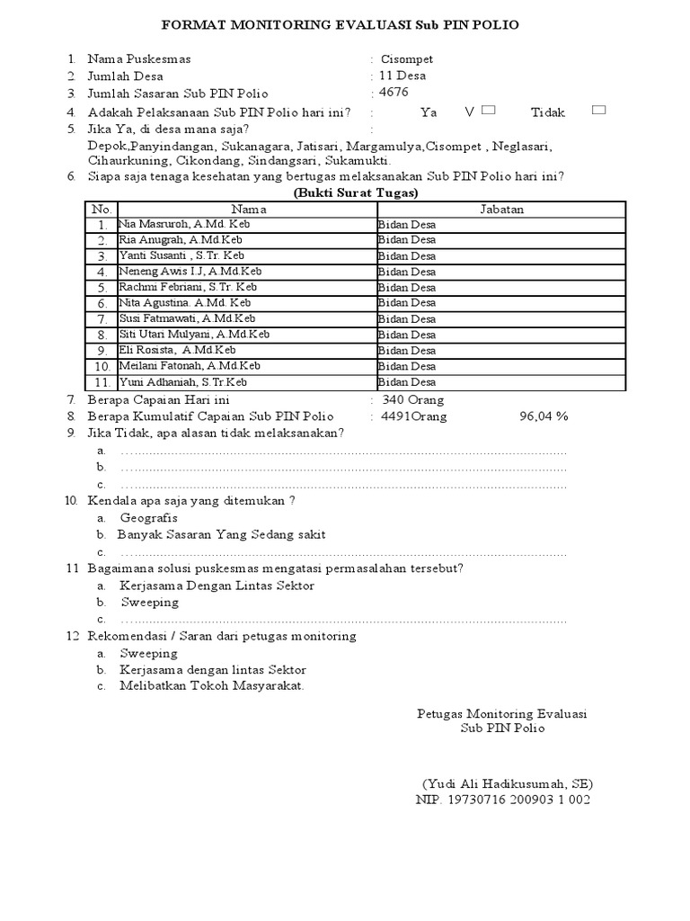 FORM MONEV Sub PIN POLIO | PDF