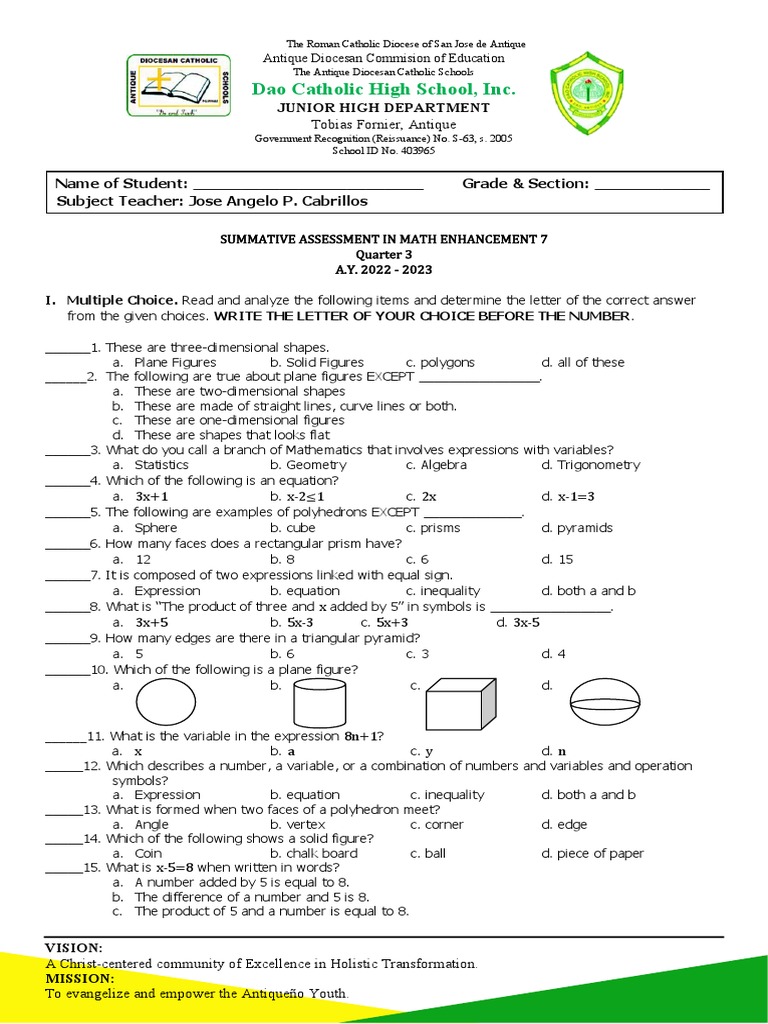 Math Enhancement 7 2ND Quarter Exam | PDF | Tetrahedron | Rectangle