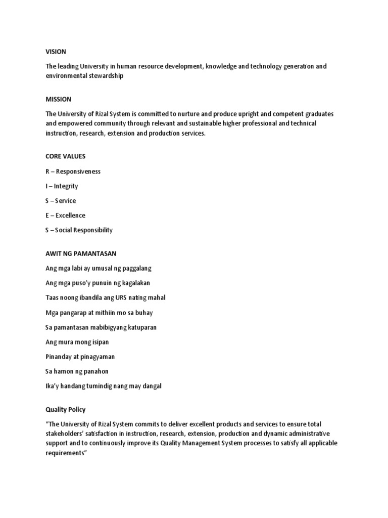 Urs (Mission, Vision, Core Values, Awit NG Pamantasan) | PDF | Science ...