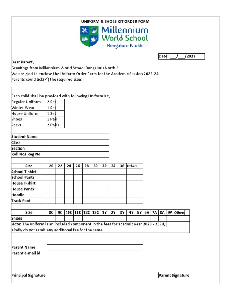 Uniform Order Form 23-24 (EXCEL) | PDF