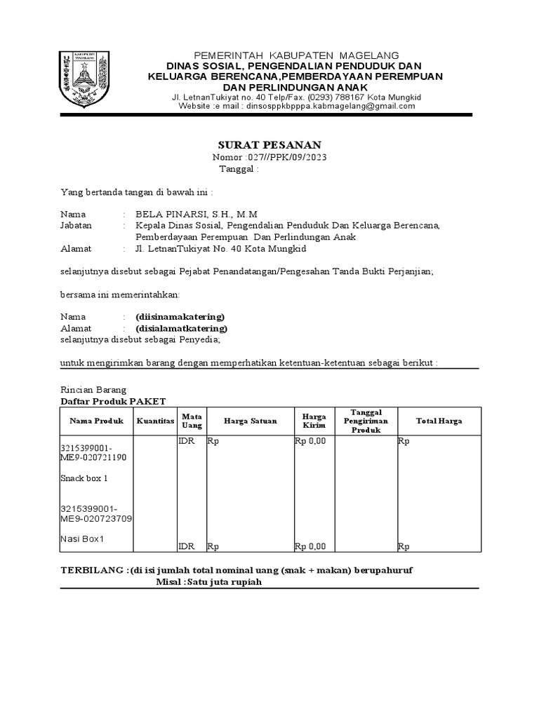 Format Surat Pesanan (SP) Katering | PDF