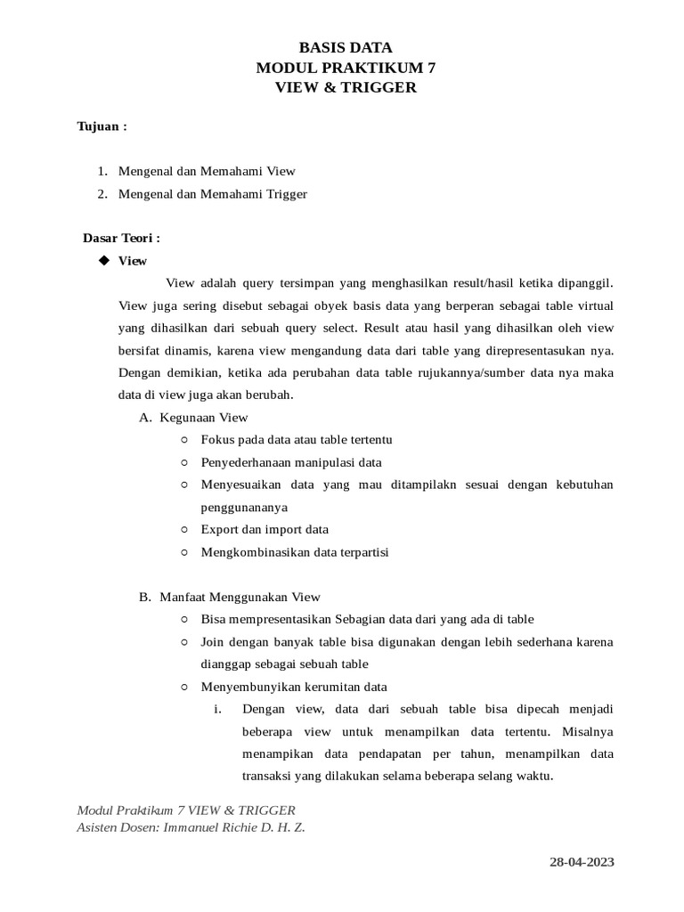 Basis Data Modul Praktikum 7 View & Trigger: Tujuan | PDF