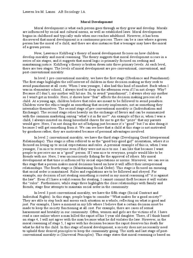 Moral Development (Reflection Paper) | PDF | Psychological Concepts ...