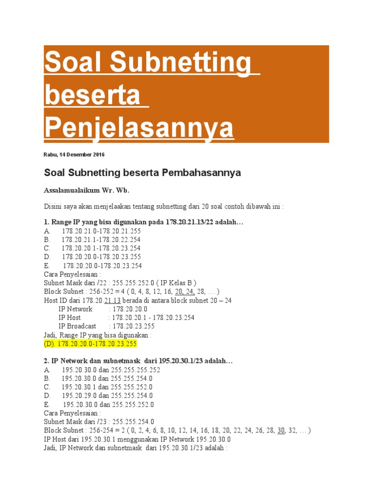 Soal Subnetting Beserta Penjelasannya | PDF