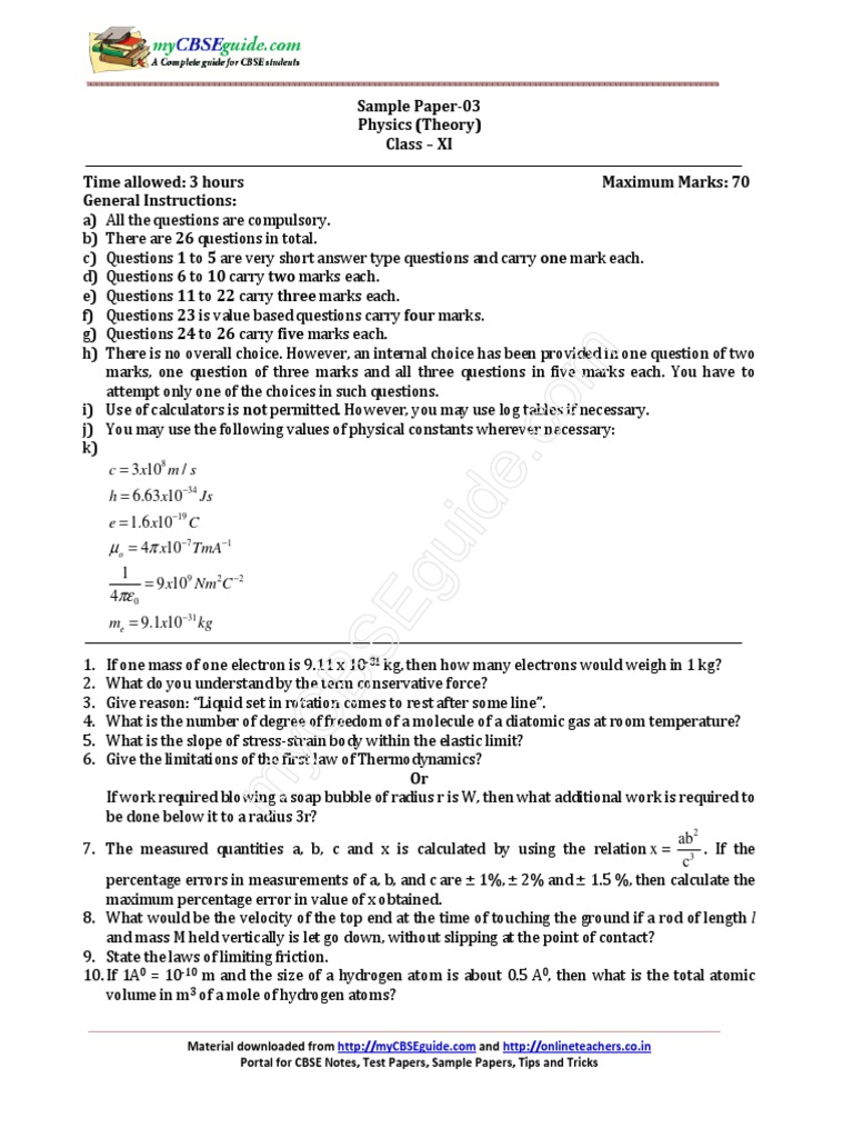 2017 11 Sample Paper Physics 03 QP | PDF | Rotation Around A Fixed Axis ...