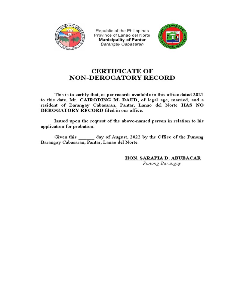 Certificate of Non-Derogatory Record | PDF