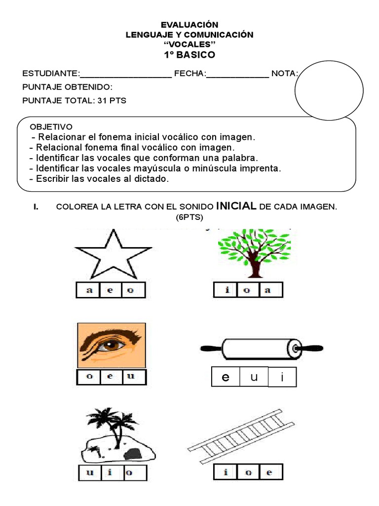 Evaluación de Vocales 1° Básico | PDF