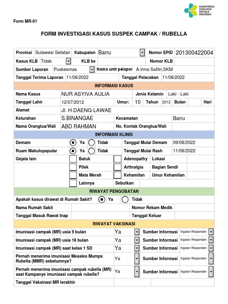 MR01 Form Investigasi Kasus Suspek Campak Rubella AGUSTUS | PDF