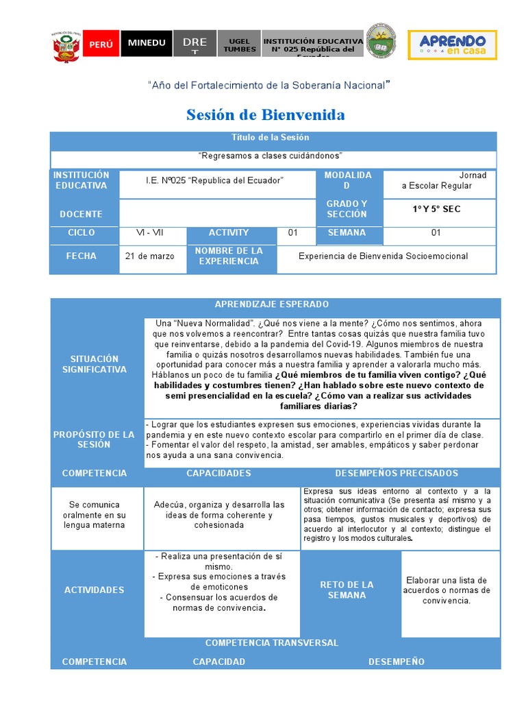 Sesión de Bienvenida | PDF | Aprendizaje | Salón de clases