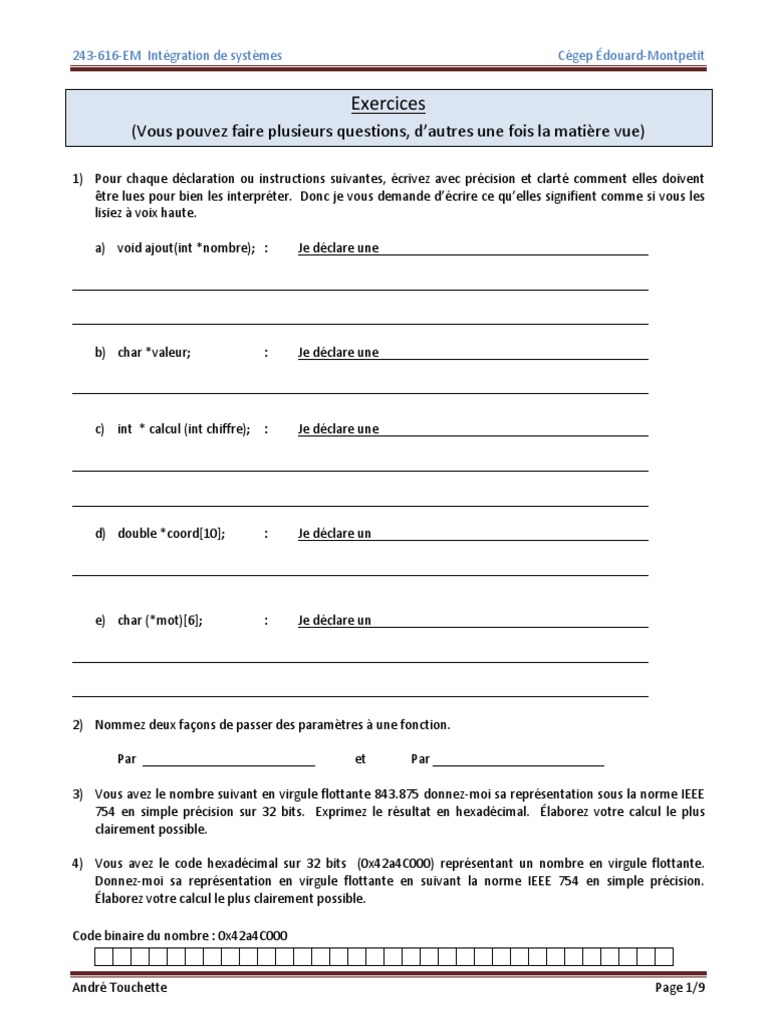 Exercices 1 243-616 H20 PDF | PDF | C (Langage de programmation ...