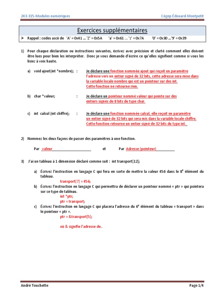 Exercices 2 Langage C 243-315 A-19 Solutions | PDF | C (Langage de programmation) | Pointeur ...