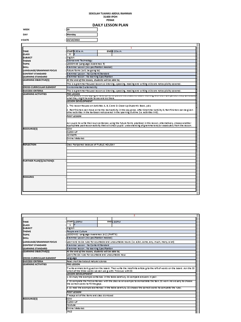 Daily Lesson Plan: at The End of The Lesson, Students Will Be Able To ...