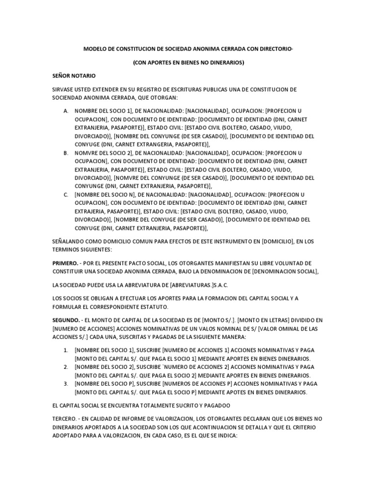 Modelo de Constitucion de Sociedad Anonima Cerrada Con Directorio | PDF | Compartir (Finanzas ...