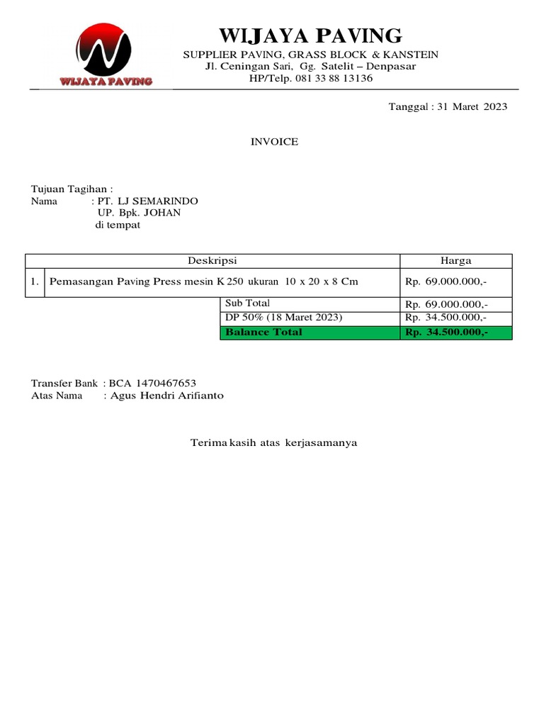 Contoh Invoice DP 50% Pemasangan Paving | PDF