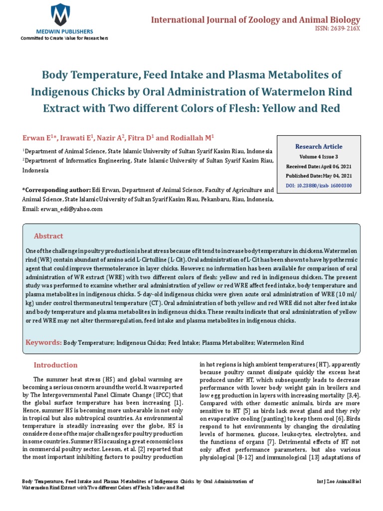 Body Temperature Feed Intake and Plasma Metabolites of Indigenous ...