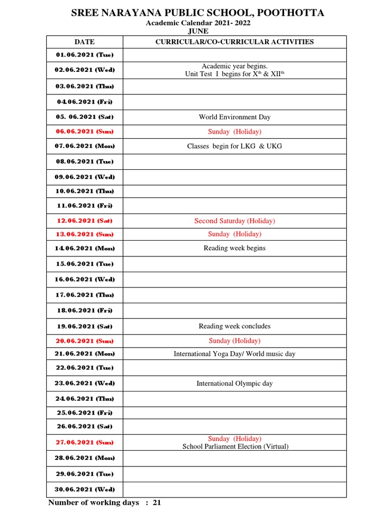 Sree Narayana Public School 2021-2022 Academic Calendar | PDF ...