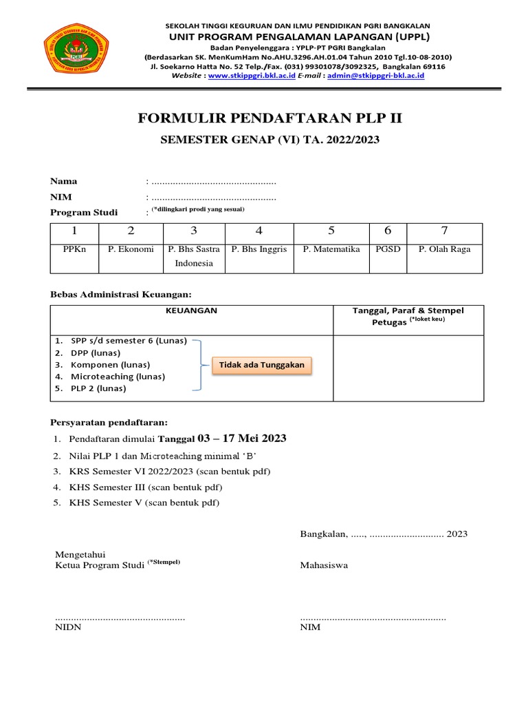 FORMULIR PENDAFTARAN PLP II - 2023 Revisi PDF | PDF