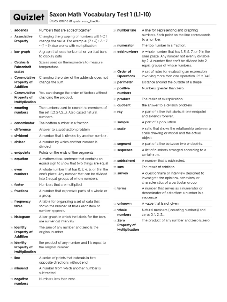 Saxon Math Vocabulary Test 1 (L1-10) Pdfs | PDF