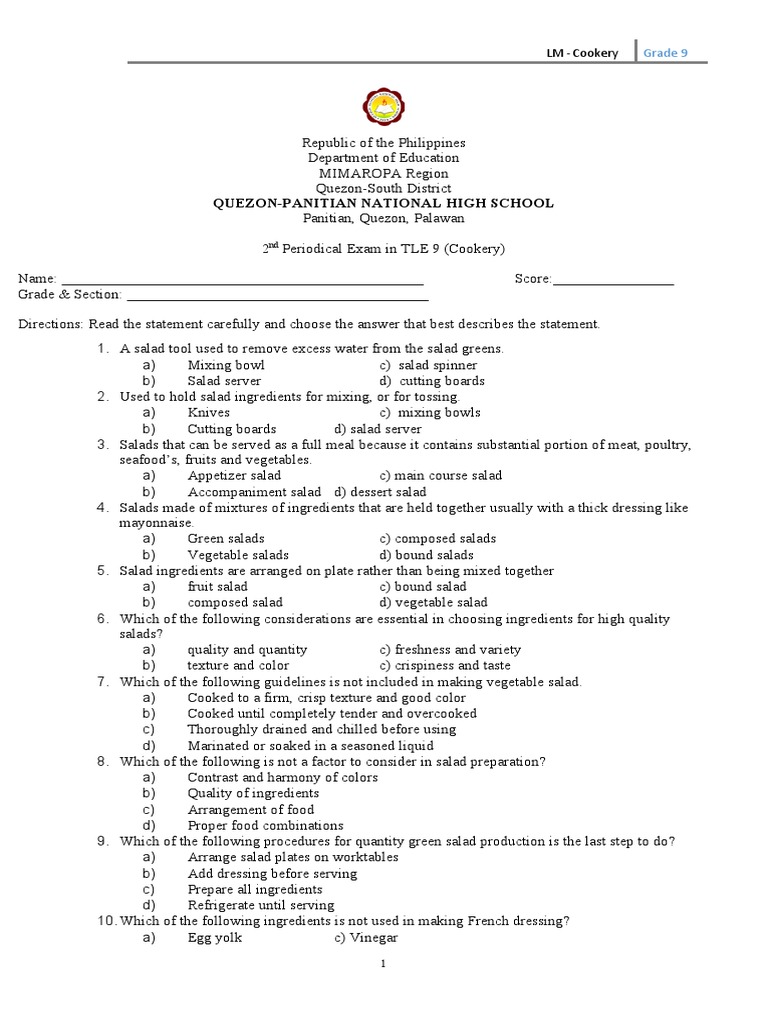 Grade 9 Cookery Exam | PDF | Salad | Meal