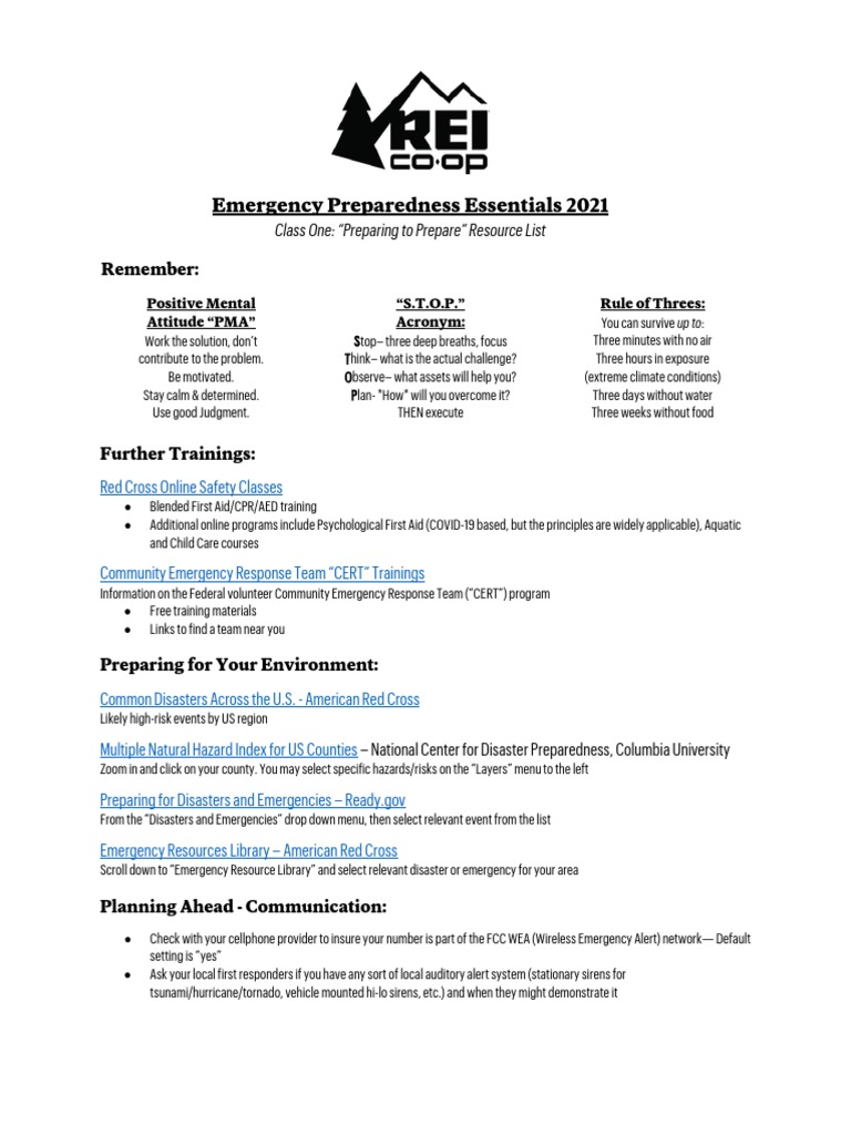 REI Emergency Prep Class 1 Resource List 2021 | PDF | Emergency ...