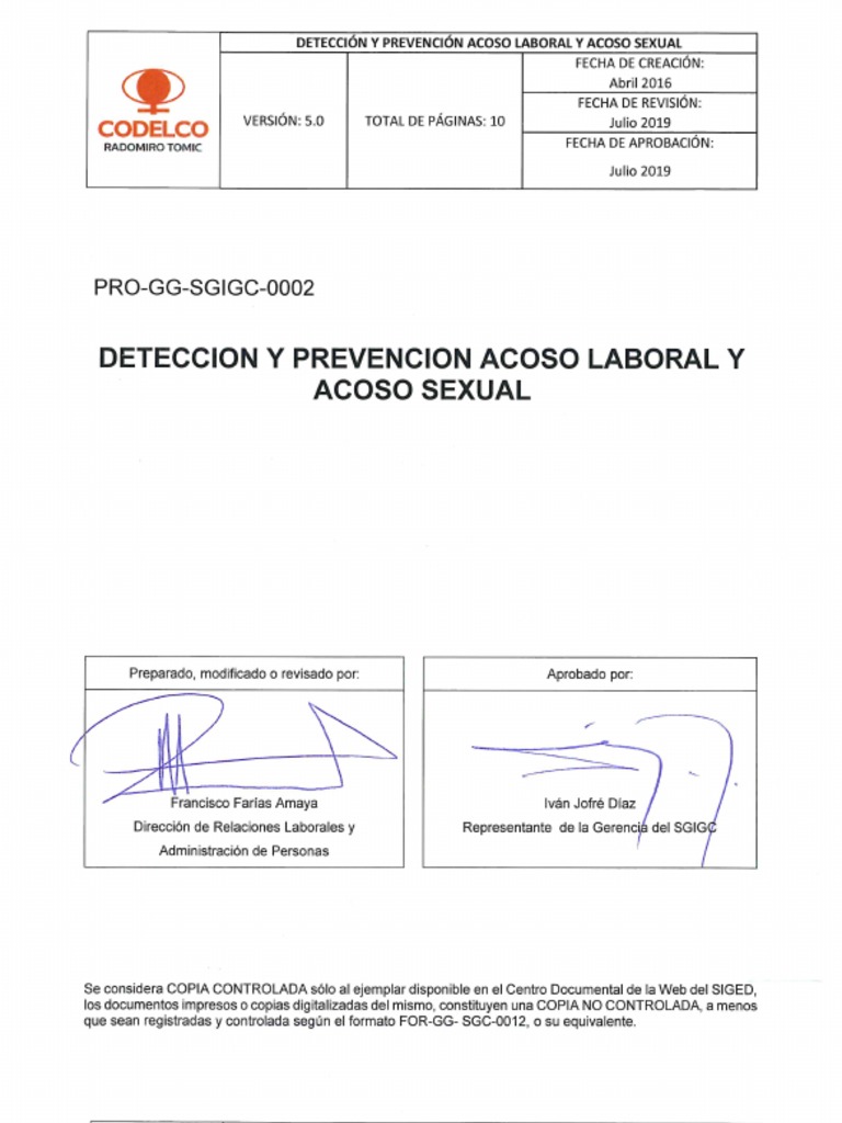 Pro GG Sgigc 0002 Detecci N y Prevenci N Acoso Laboral y Sexual v5 PDF | PDF
