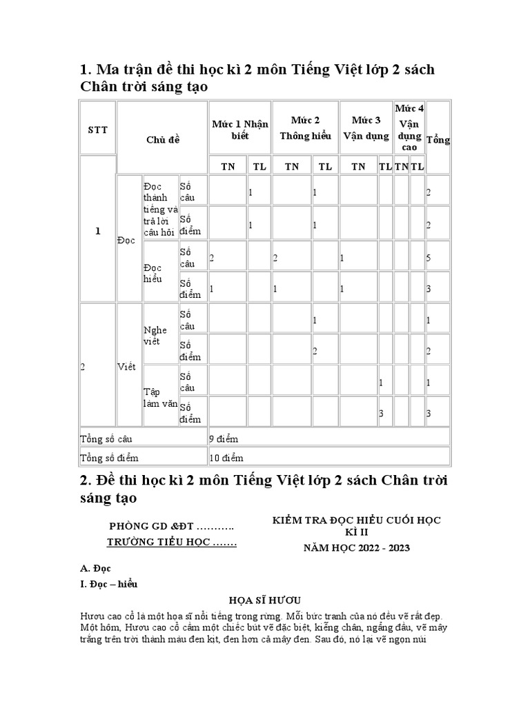 De Thi Hoc Ki 2 Lop 2 Mon Tieng Viet Sach Chan Troi de 2 | PDF