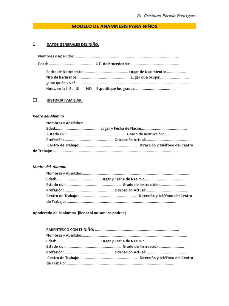 Modelo de Anamnesis para Niños | PDF | El embarazo | Enfermedades y ...
