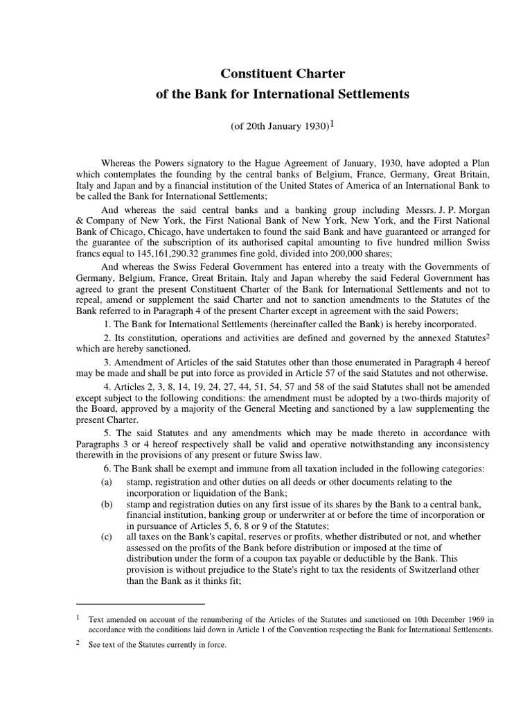 1930 The Bank For International Settlements Charter | PDF | Taxes | Banks