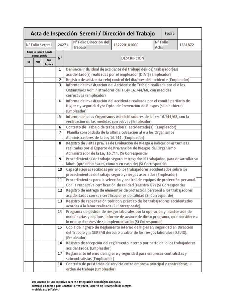 Formato Acta de Inspección Seremi Dirección Del Trabajo | PDF | Seguridad y salud ocupacional